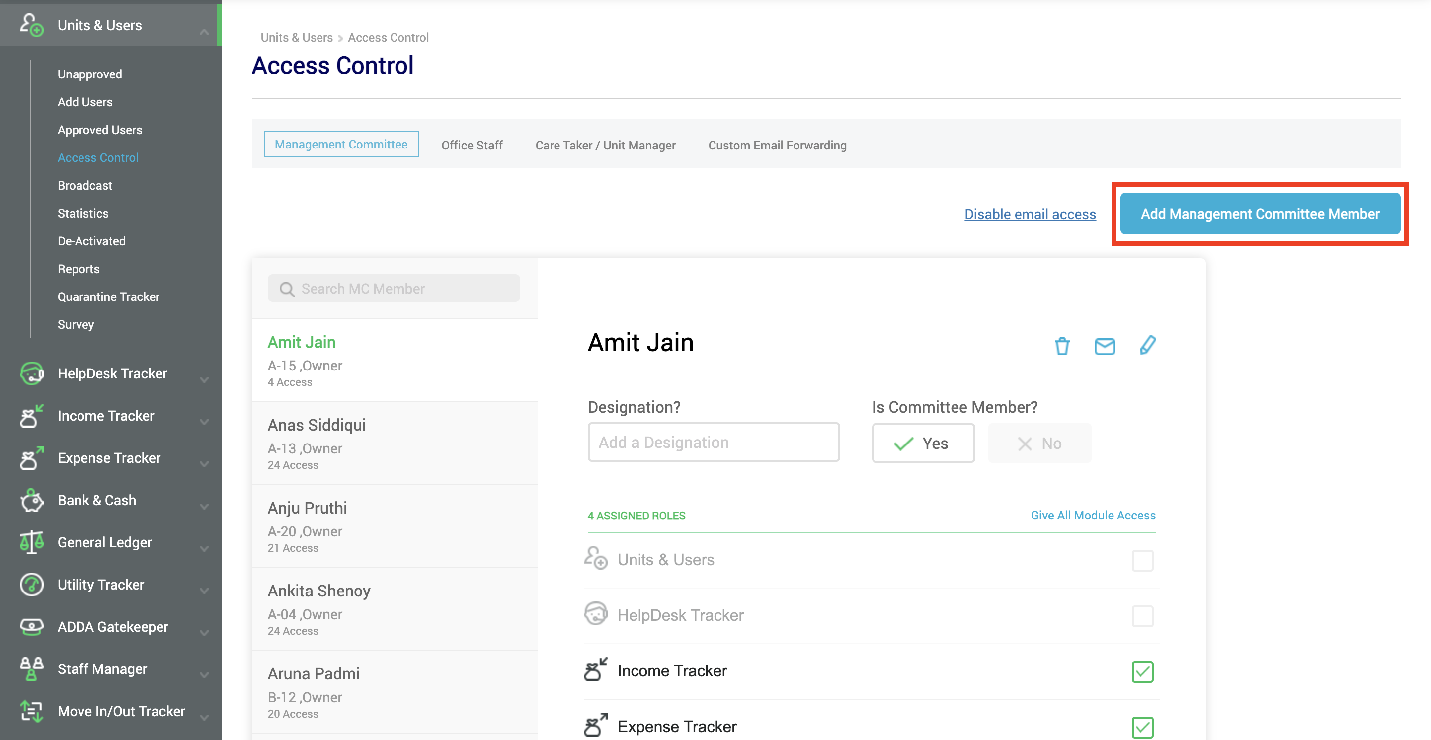 How to give Admin access to Management Committee Members?