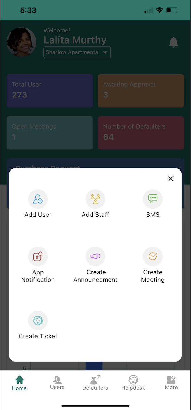 What are the different shortcuts available on the ADDA Admin App Home Page?