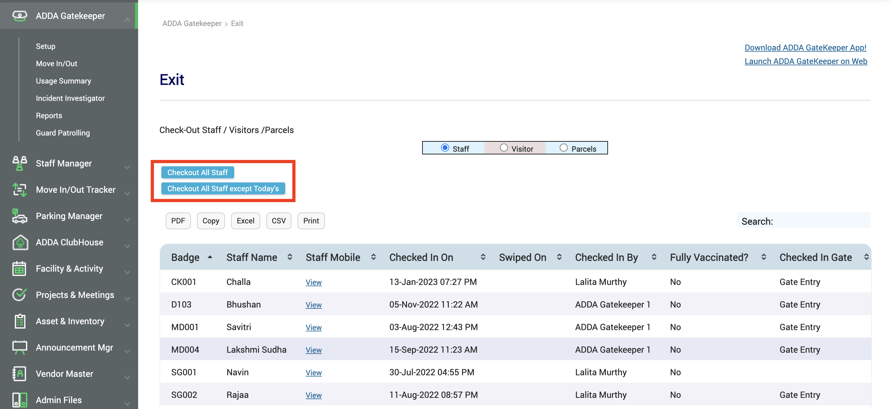 How can Admin check out all staff in bulk?