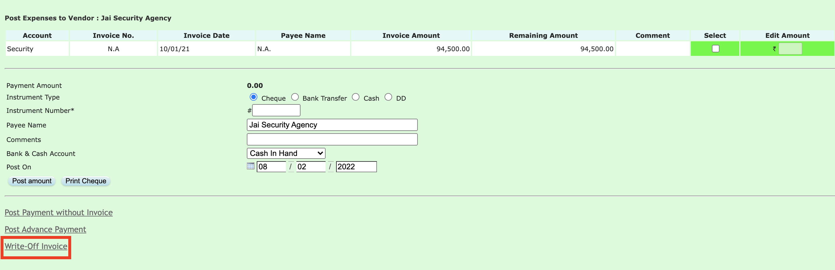 How to pass write off entry for vendors?