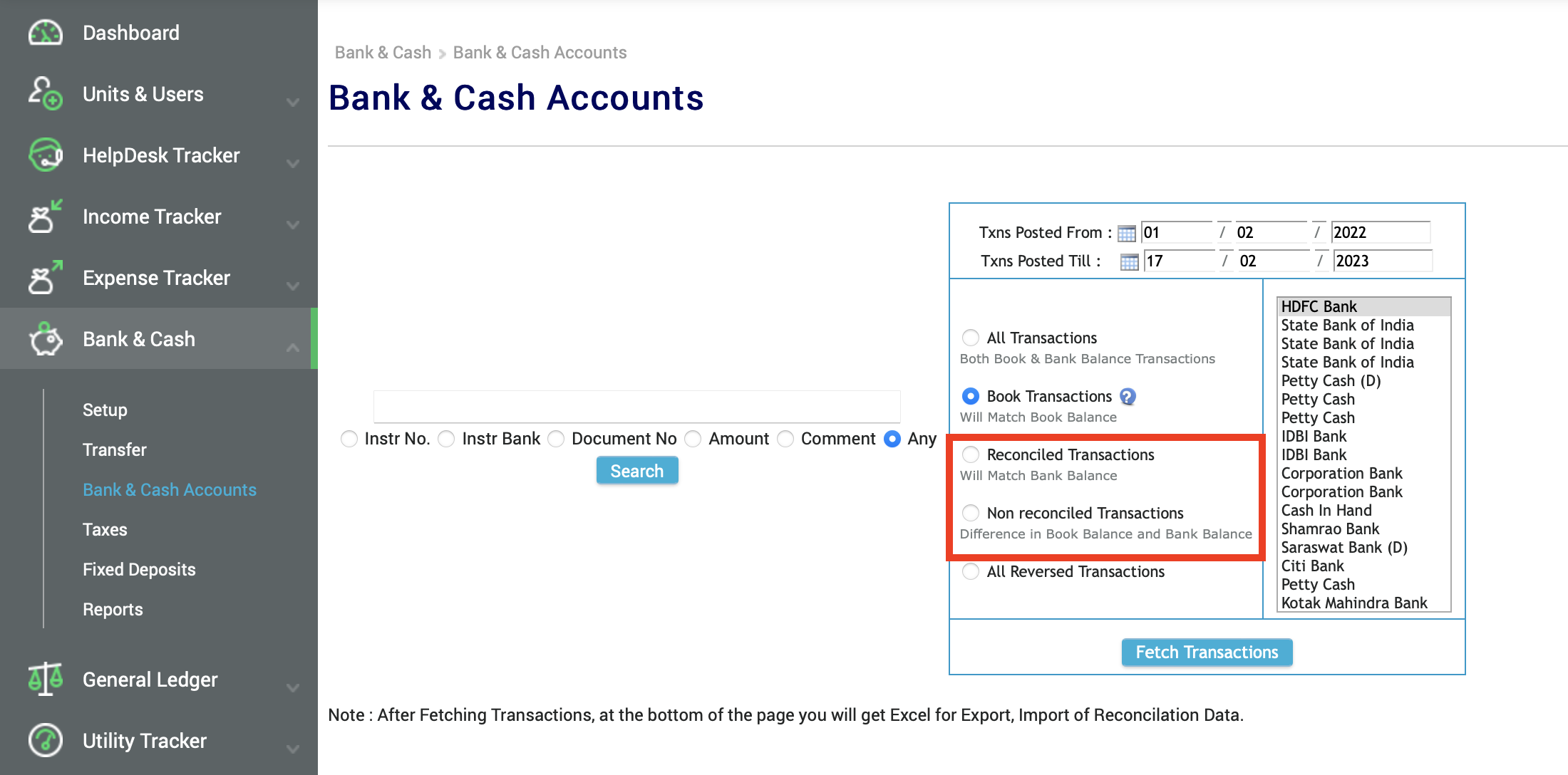 How can we fetch reconciled/non-reconciled transaction?