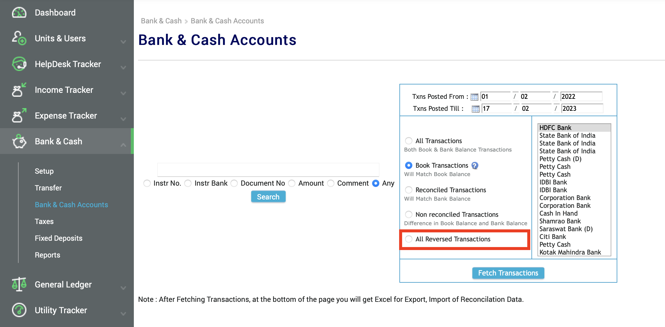 How to fetch the reversed receipts/payment entry against particular bank?