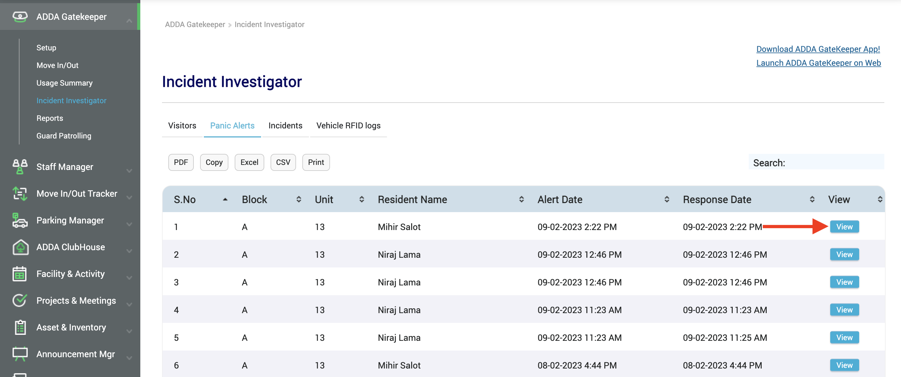How to view Panic Alert details raised by the Residents?