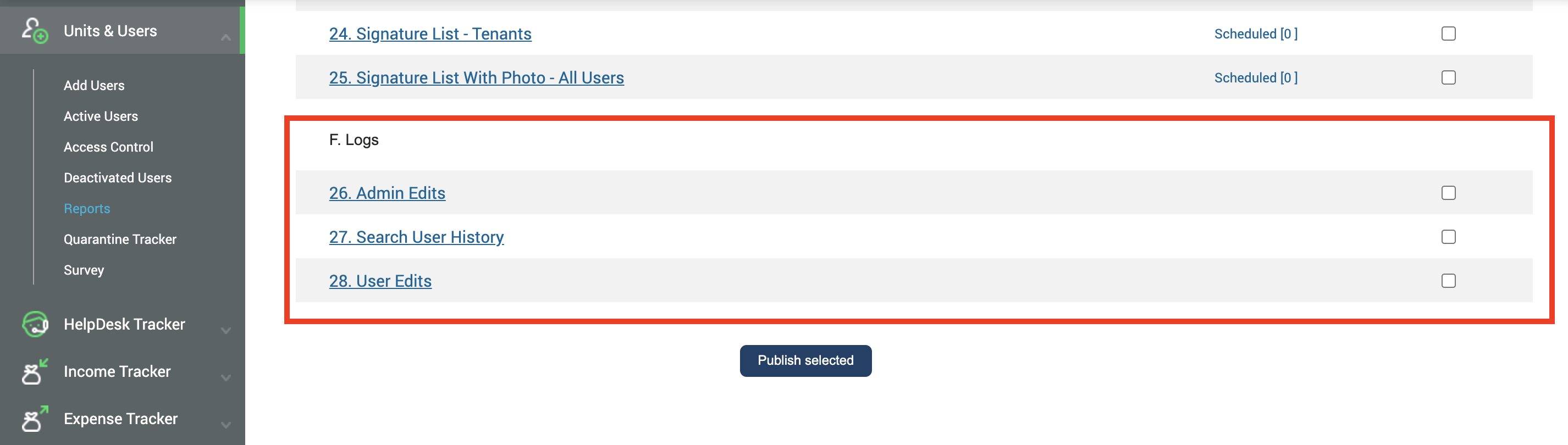 Where can I get the report of user/admin edit logs and search user ...