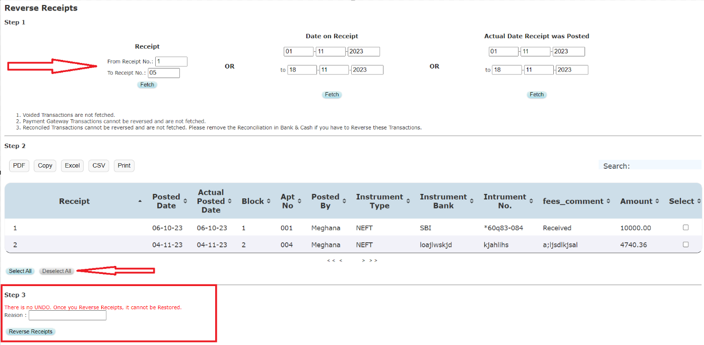 How to reverse receipts in bulk?
